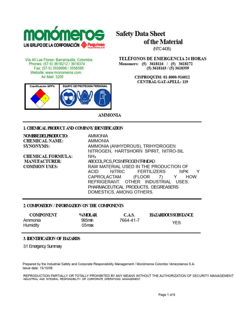 Ammonia Safety Data Sheet (NTC 4435) | PDF | Ammonia | Water