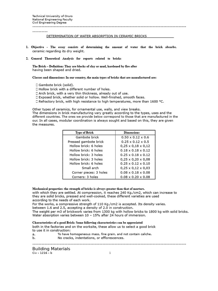 Determination of Water Absorption in Ceramic Bricks | PDF | Brick ...