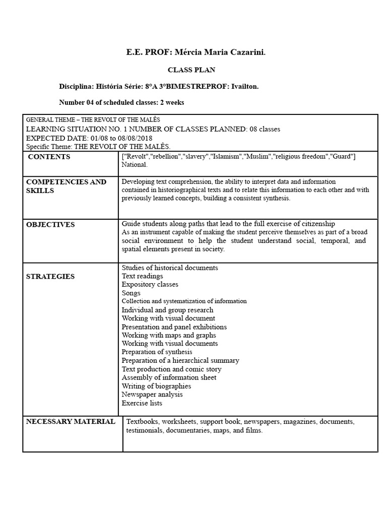 Lesson Plan Model History 8th Grade High School 3rd and 4th Terms | PDF ...