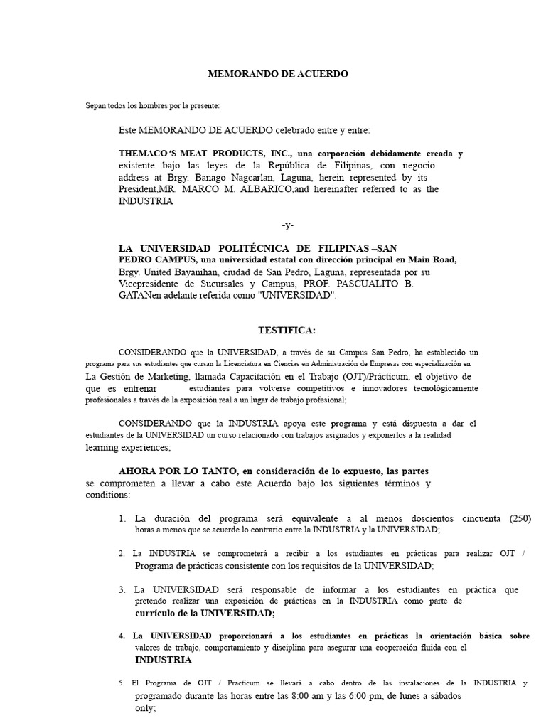 Plantilla de MOA para OJT | PDF