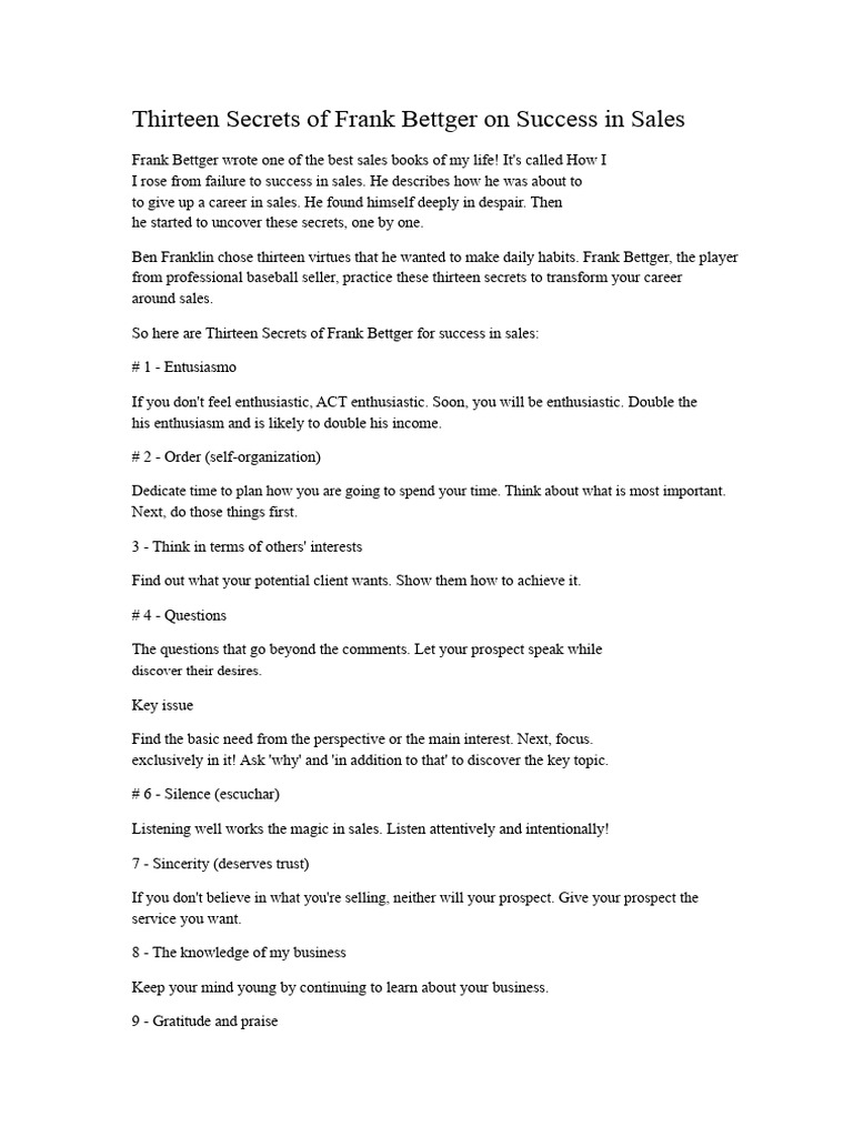Thirteen Secrets of Frank Bettger For Success in Sales | PDF