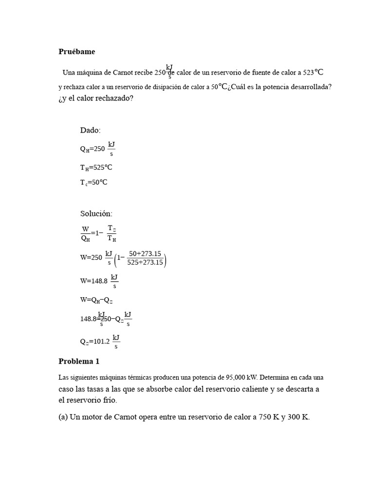 Cálculos de Potencia y Eficiencia en Máquinas Térmicas | PDF | Calor ...