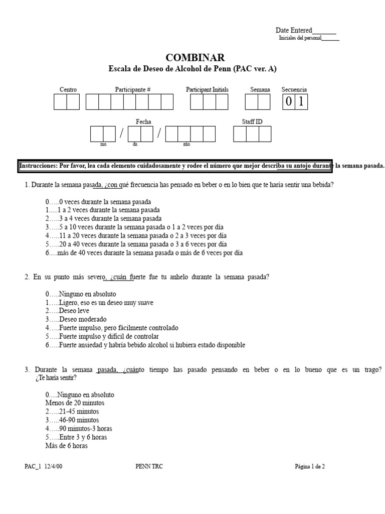 Escala de Anhelo de Alcohol de Penn Pac 112001 | PDF