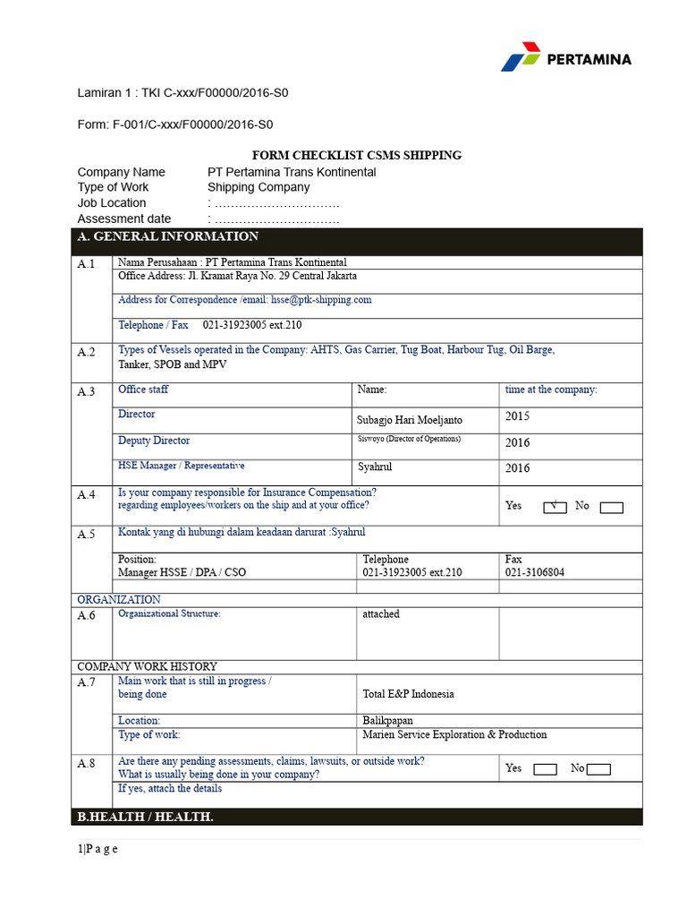 Questioner CSMS PT. Pertamina | PDF | Audit | Environmental Impact ...