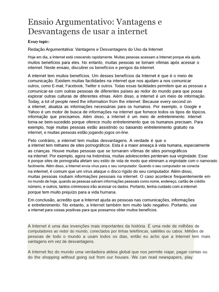 Vantagens e Desvantagens da Internet | PDF | Internet | Globalização