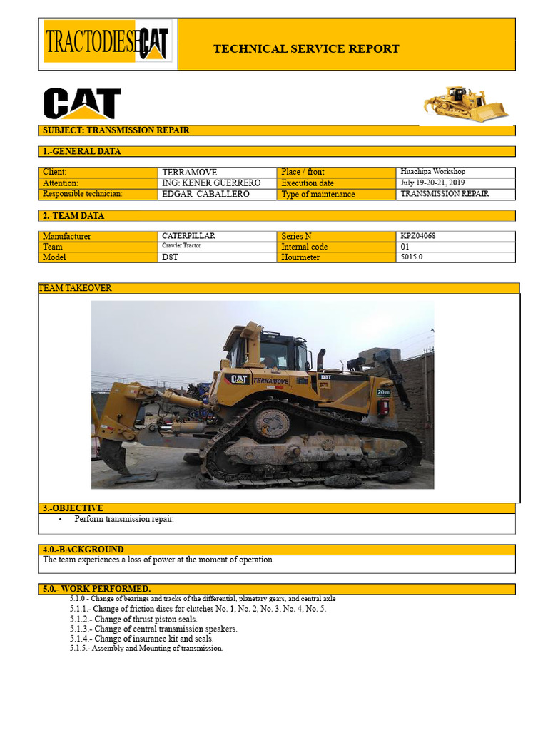 Caterpillar D8T Transmission Repair Report | PDF
