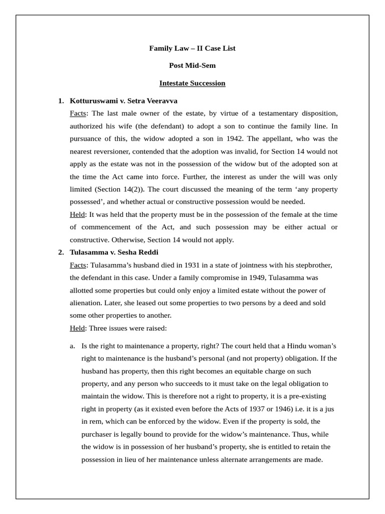 Fam Law II - End Sem Case List | PDF | Inheritance | Property