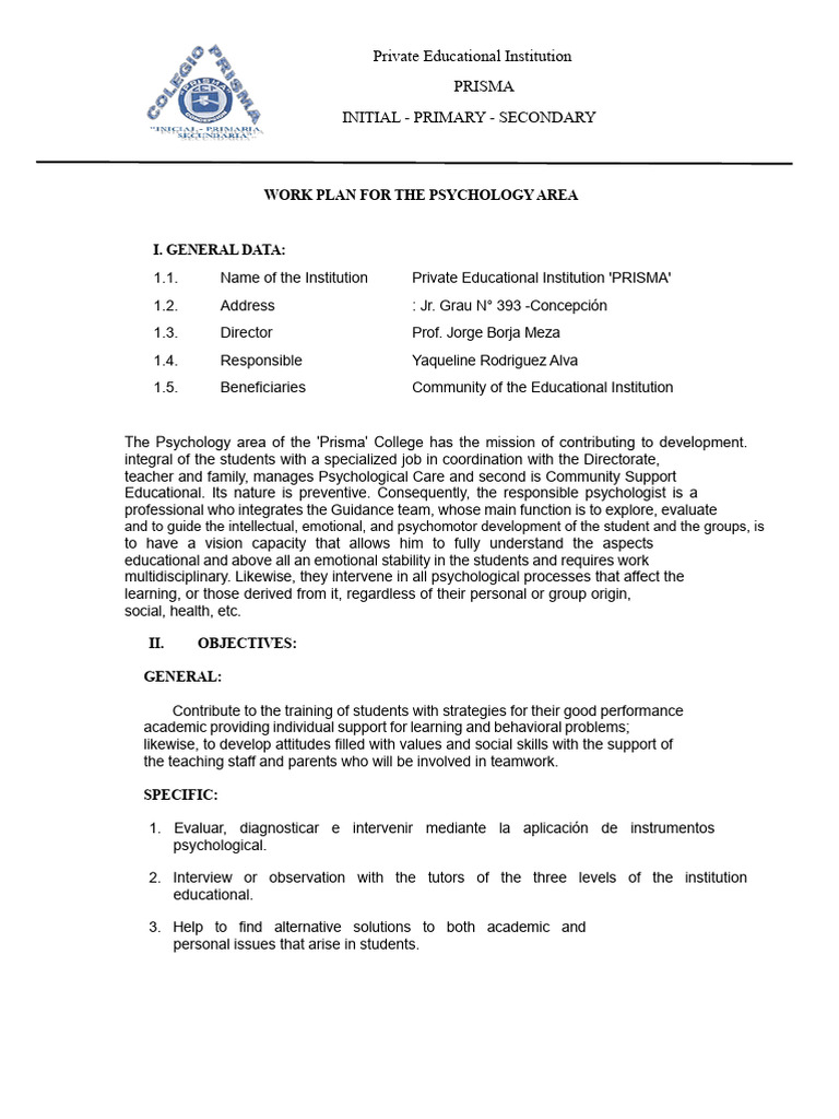 Work Plan For The Psychology Area | PDF | Psychology | Cognitive Science