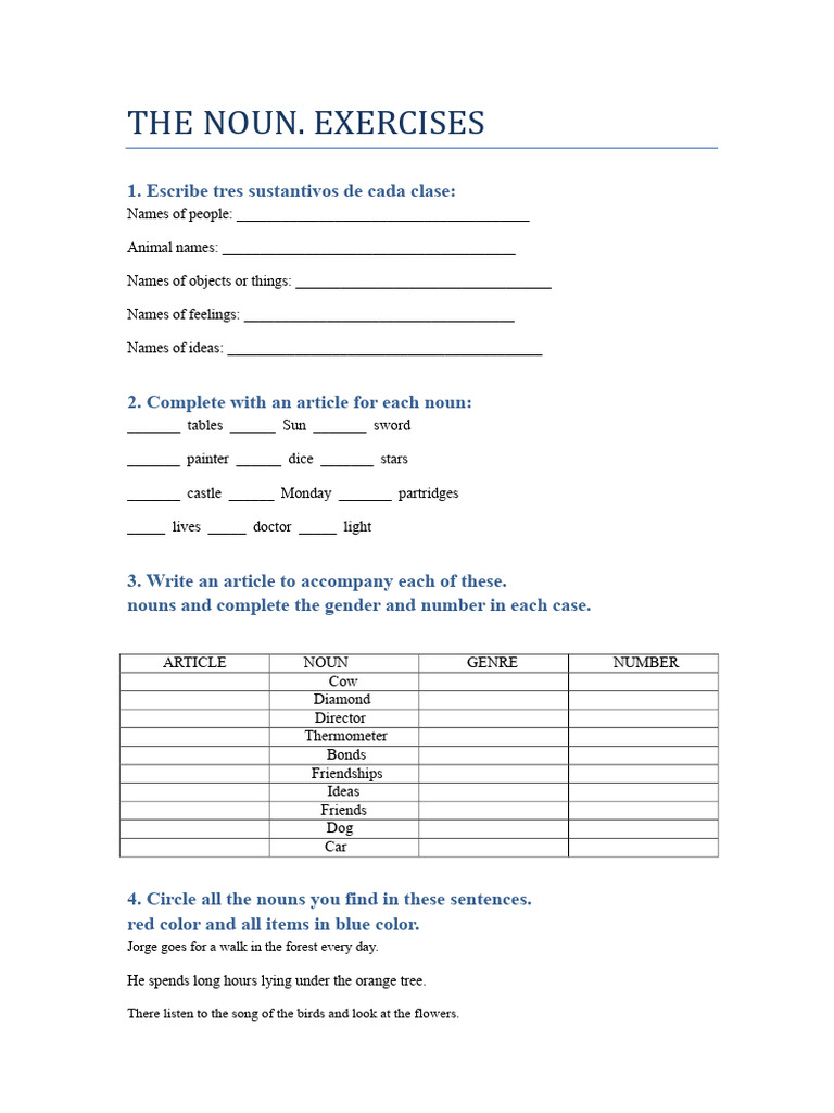 The Noun Exercises | PDF | Grammatical Gender | Noun