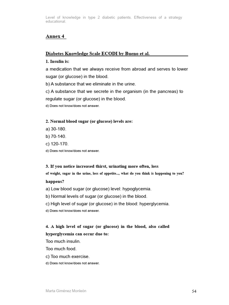 Questionnaire of Prior Knowledge | PDF | Diabetes | Hypoglycemia