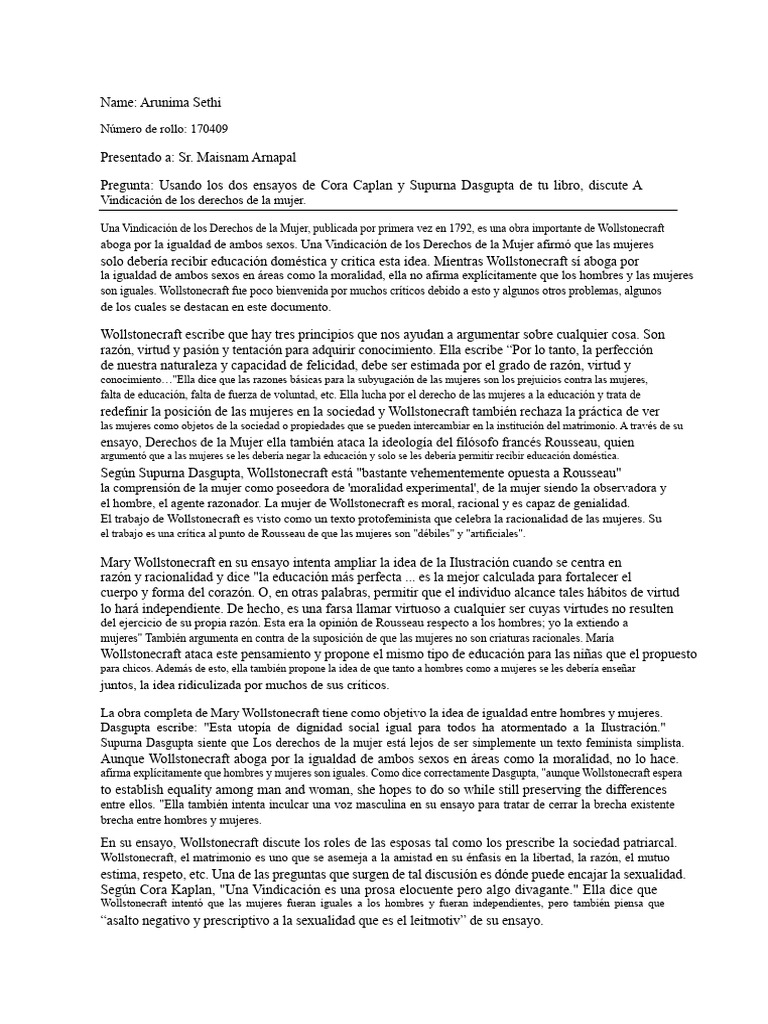 Análisis de "Vindicación de los Derechos de la Mujer" | PDF | Mary ...