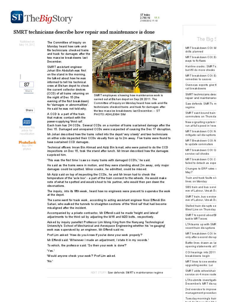 SMRT Technicians Describe How Repair and Maintenance Is Done | PDF ...