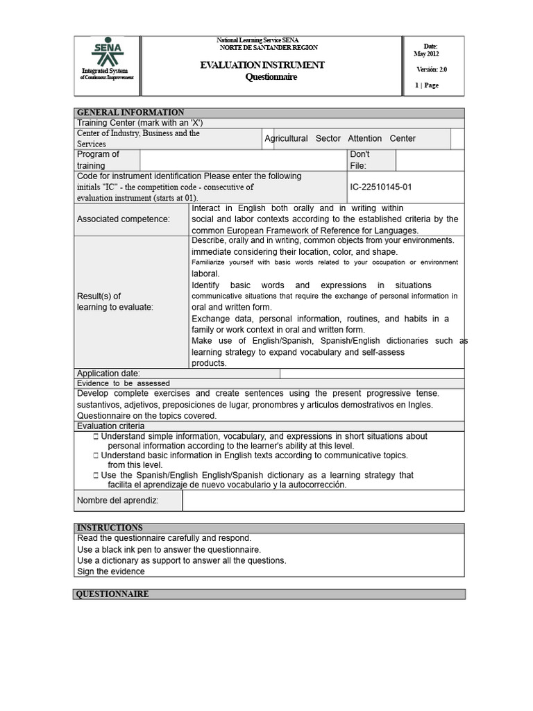 Evaluation Instruments PreA1 - Questionnaire | PDF | English Language ...