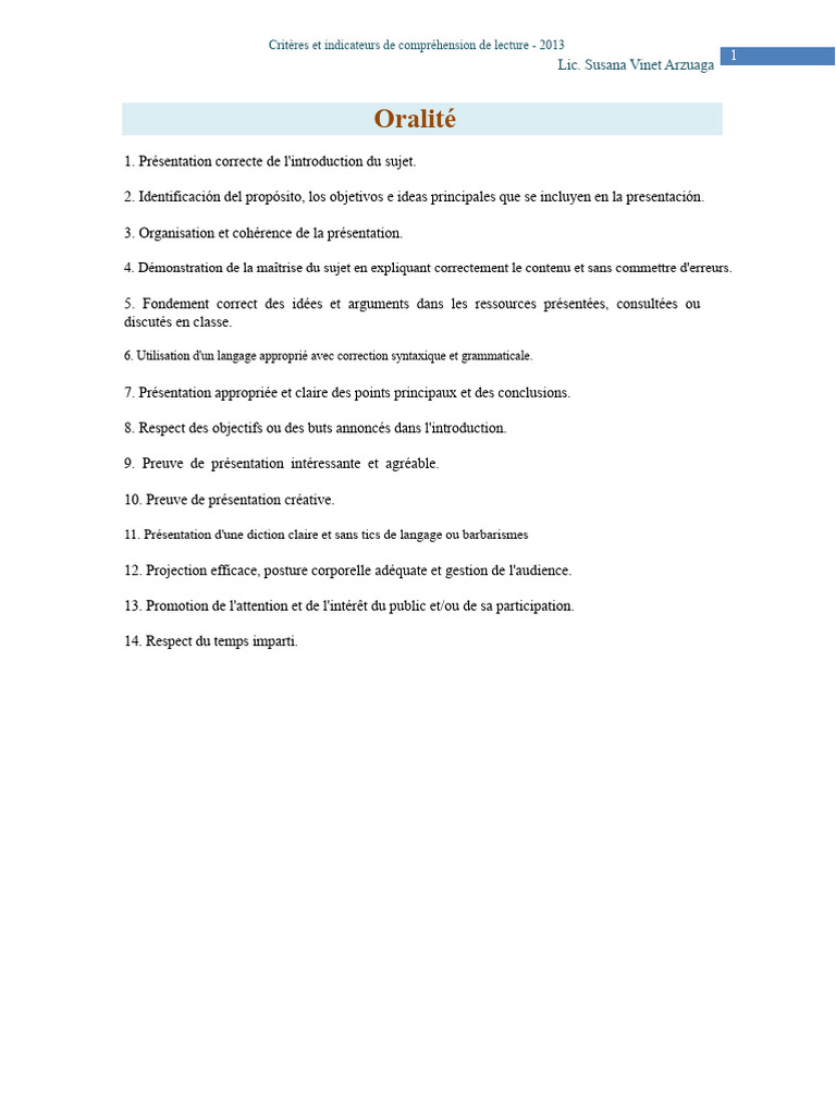 Critères de compréhension de lecture 2013 | PDF | Phrase | Linguistique