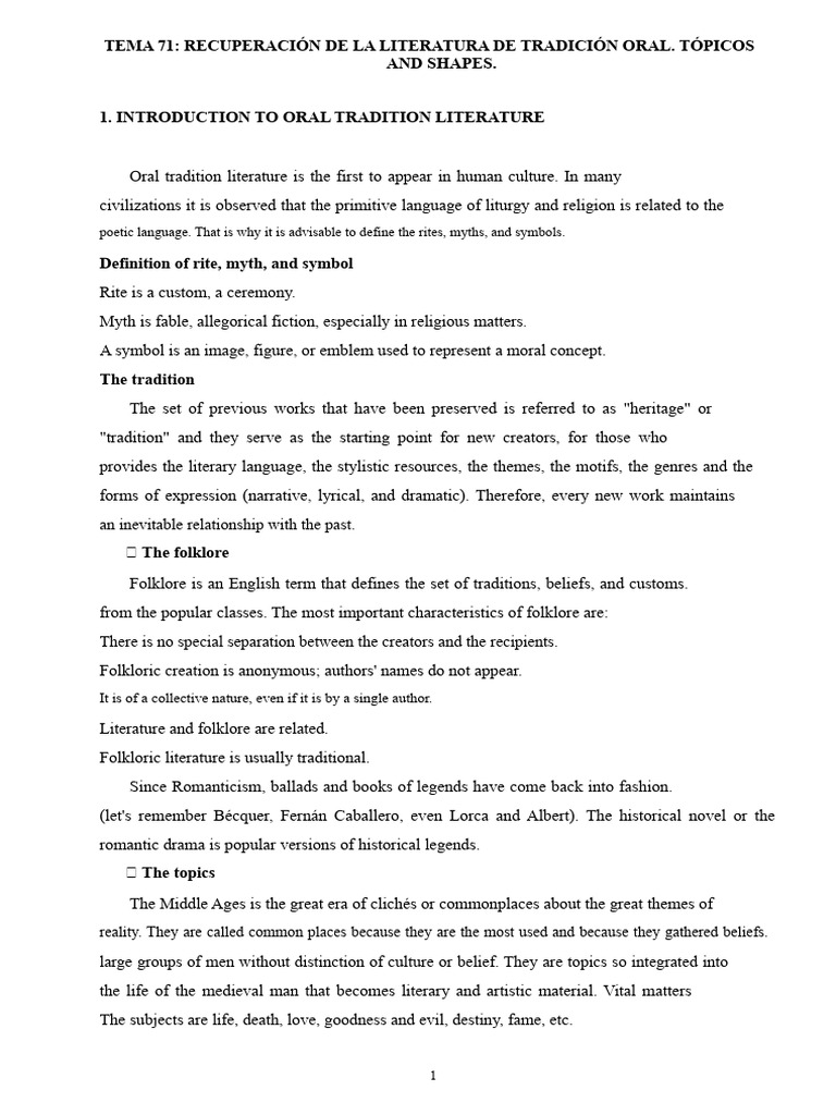 Theme 71. Recovery of Oral Tradition Literature. Topics and Forms | PDF ...