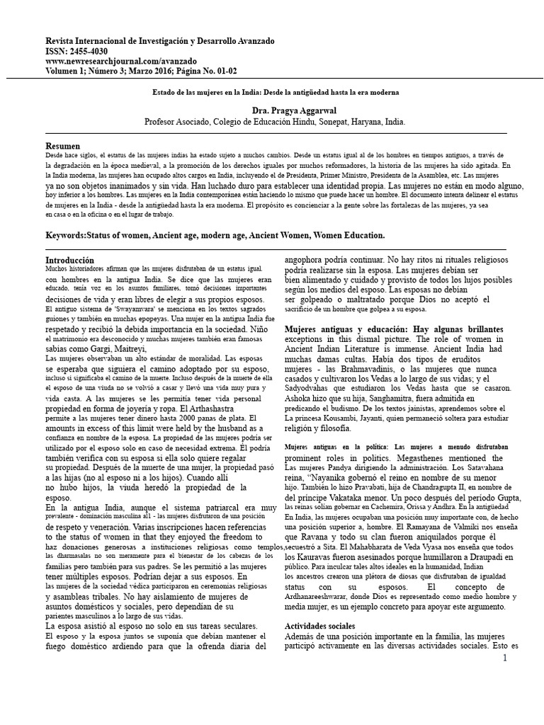 Estado de Las Mujeres en India - de La Edad Antigua A La Edad Moderna ...