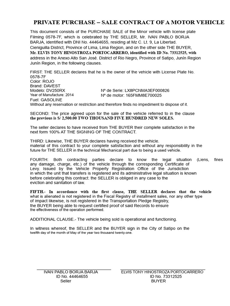 PRIVATE PURCHASE CONTRACT For The Sale and Purchase of A Motorcycle ...