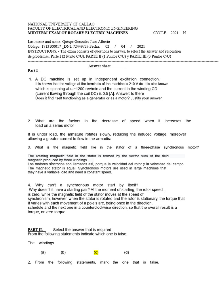 Final Exam - Answer Sheet | PDF | Electric Motor | Electromagnetism