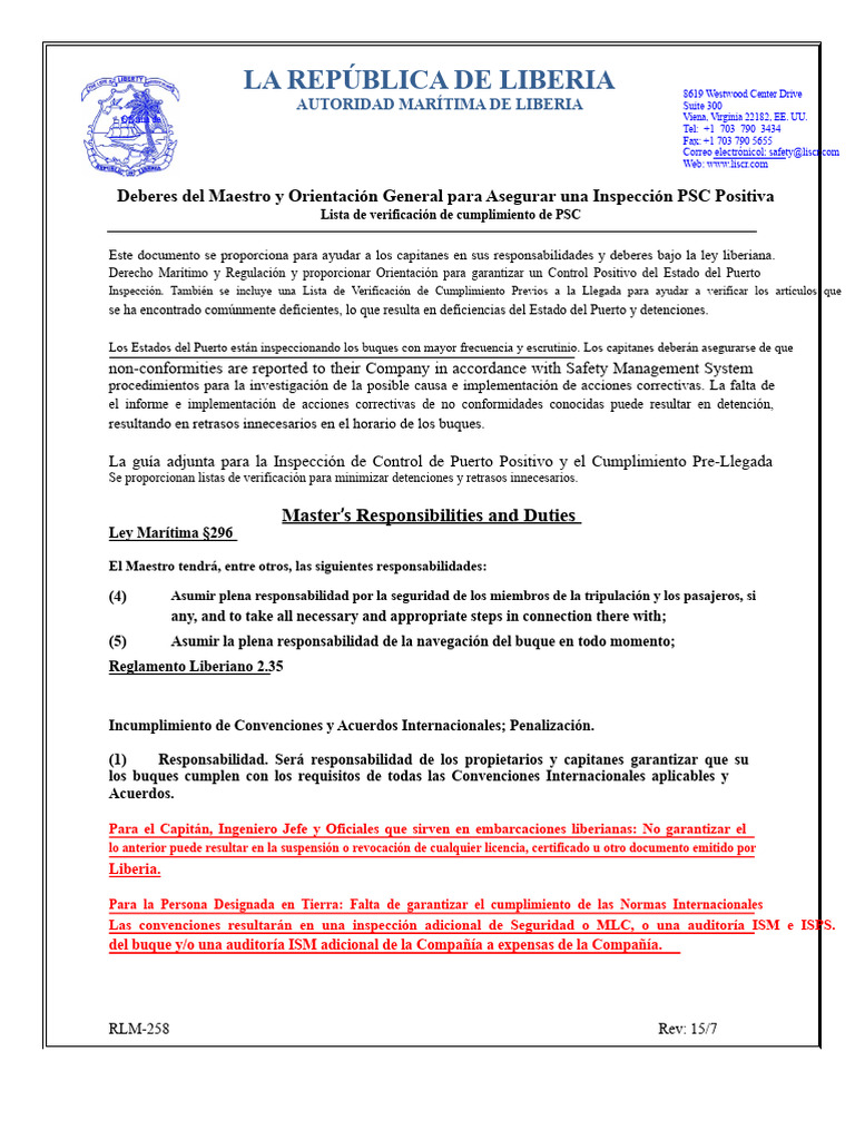 RLM-258 PRE LLEGADA INSPECCIÓN PSC - Versión 7-15 Enmienda | PDF ...