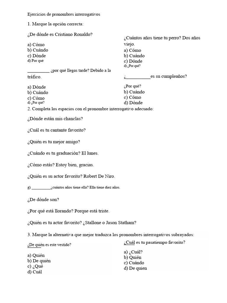Ejercicios sobre pronombres interrogativos | PDF