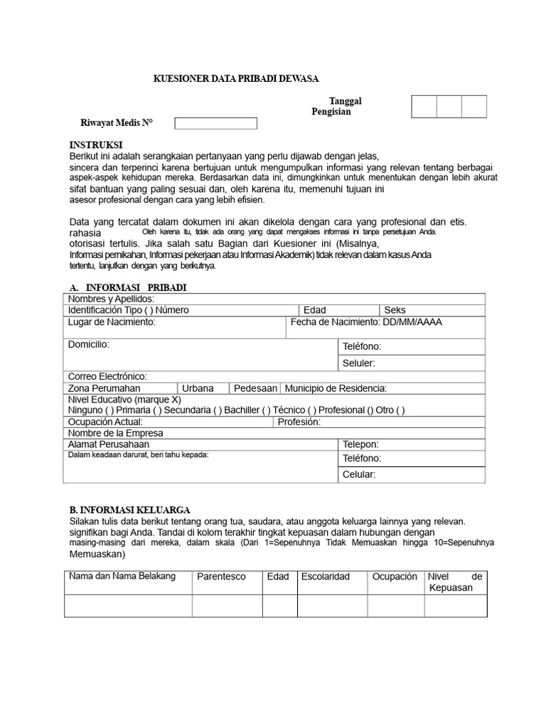 Format Kuesioner Data Pribadi Dewasa | PDF