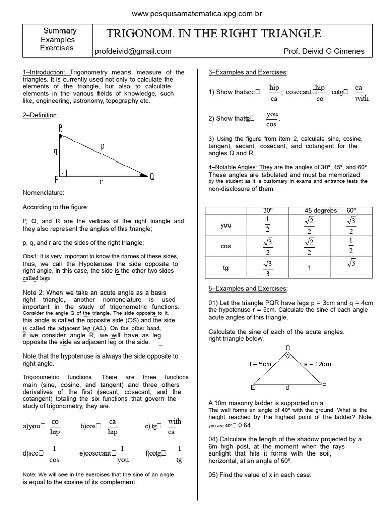 Exercises - Trigonometry in The Right Triangle PDF | PDF ...
