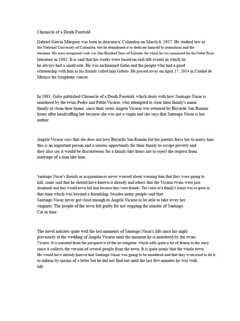 Chronicle of a Death Foretold Summary | PDF | Novels