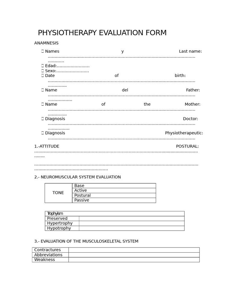 Physiotherapy Evaluation Form Template | PDF
