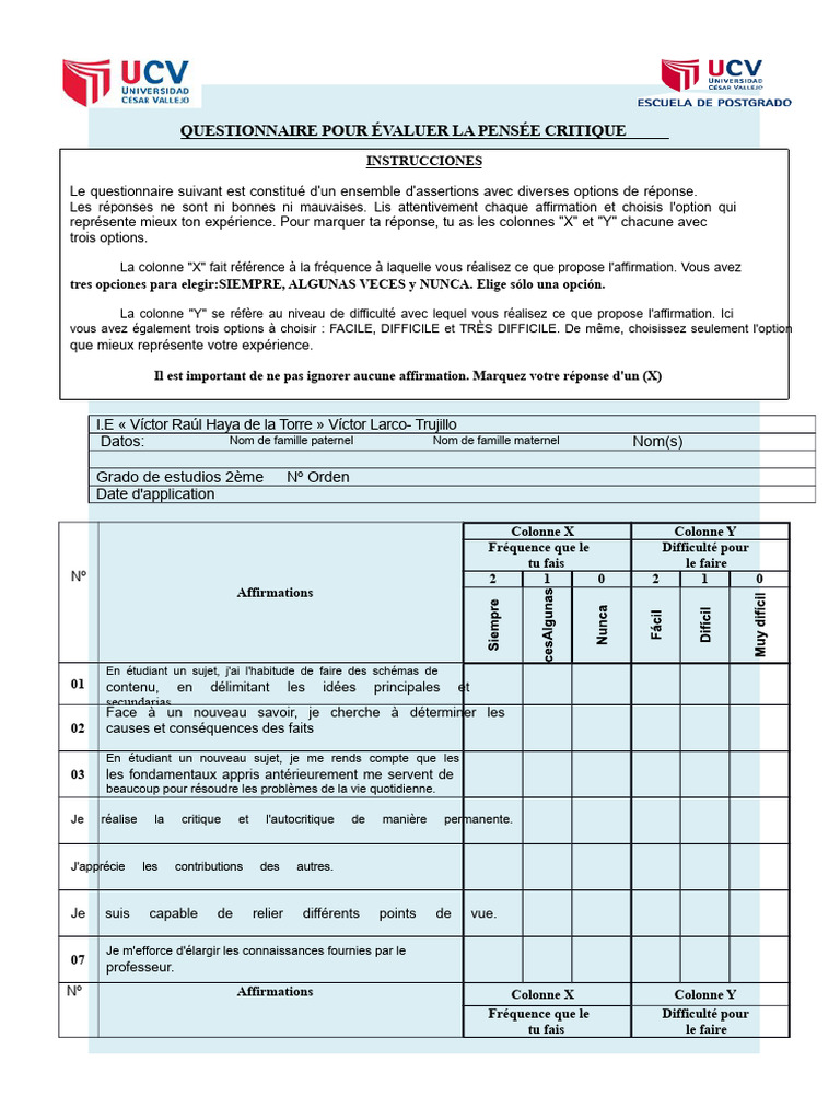 Questionnaire d'évaluation de la pensée critique | PDF