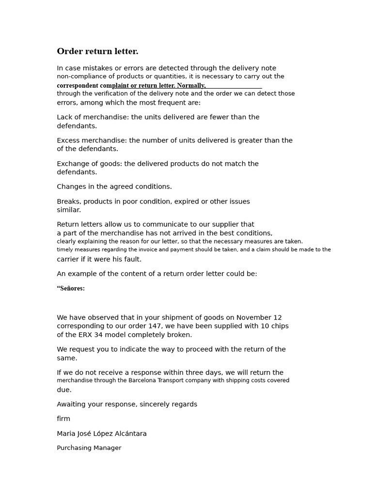 Return Order Letter | PDF