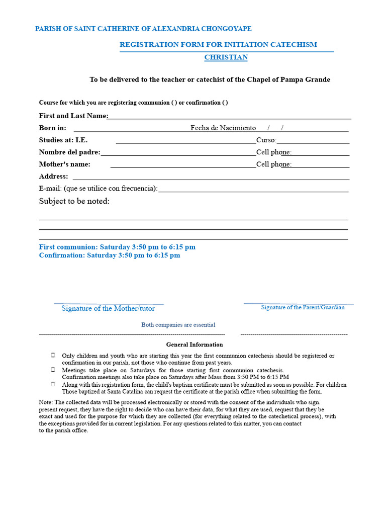 Saint Catherine Catechism Registration Form | PDF | Confirmation ...
