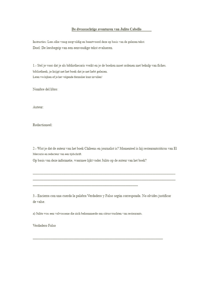 Studiegids de Onvergetelijke Avonturen Van Julito Cabello | PDF