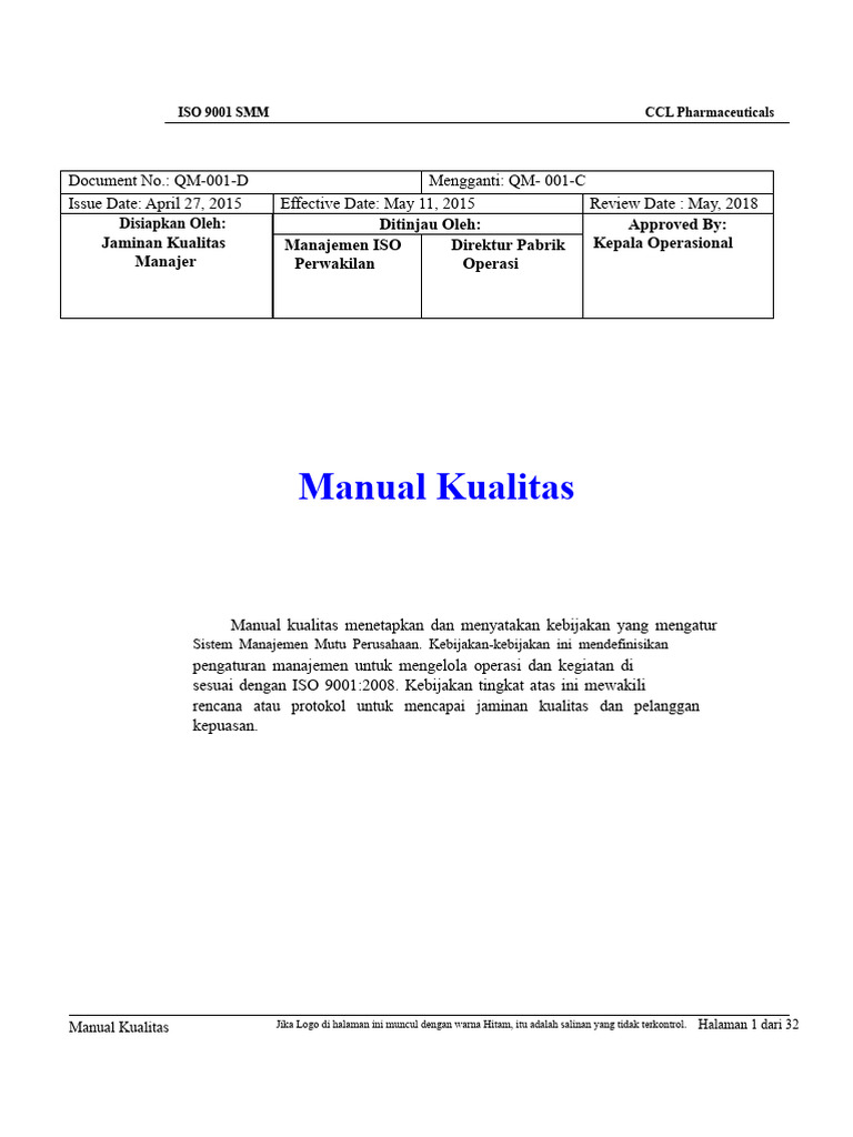 Manual Kualitas ISO 9001 CCL Pharmaceuticals | PDF
