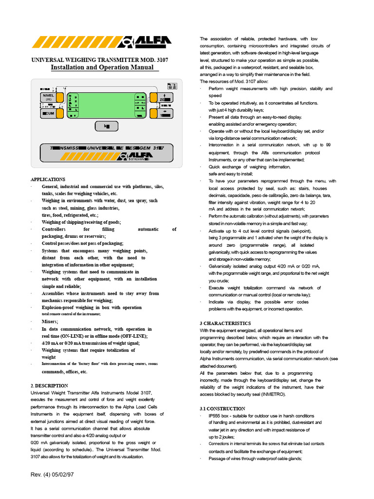 3107 - Universal Weighing Transmitter | PDF | Calibration | Analog To ...