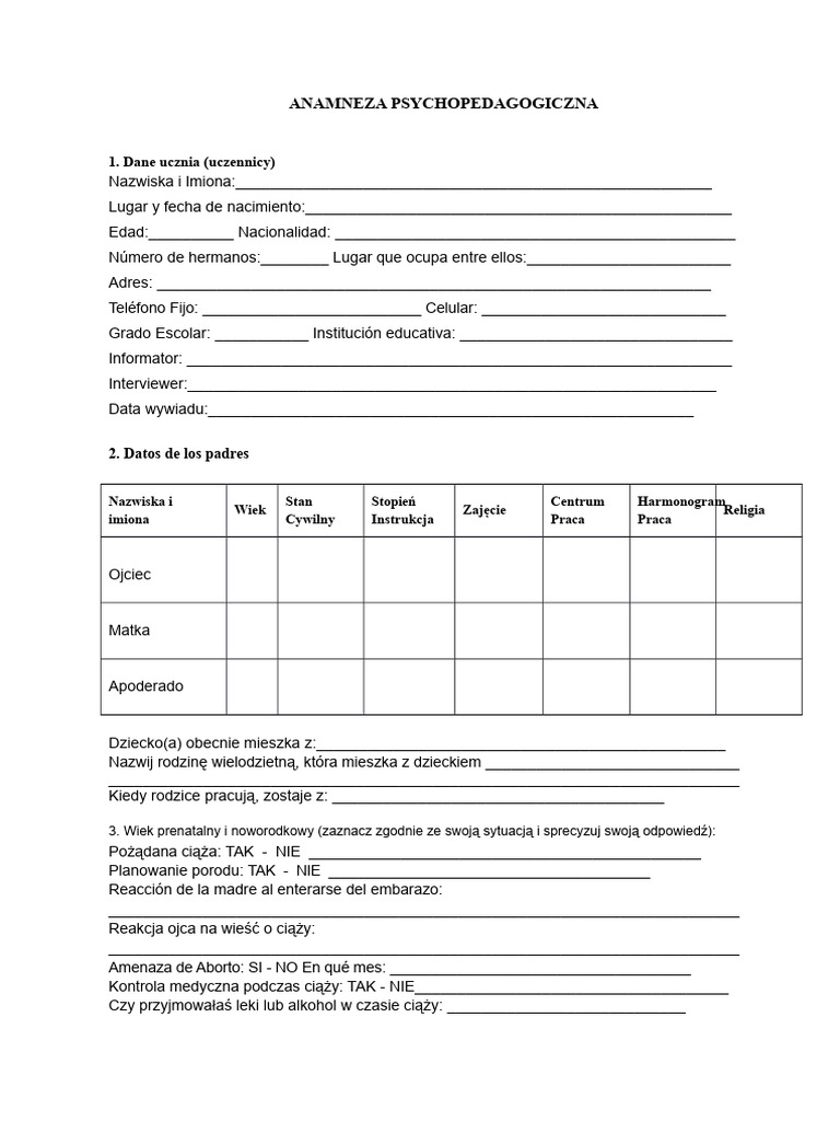 ANAMNEZA PSYCHOPEDAGOGICZNA | PDF