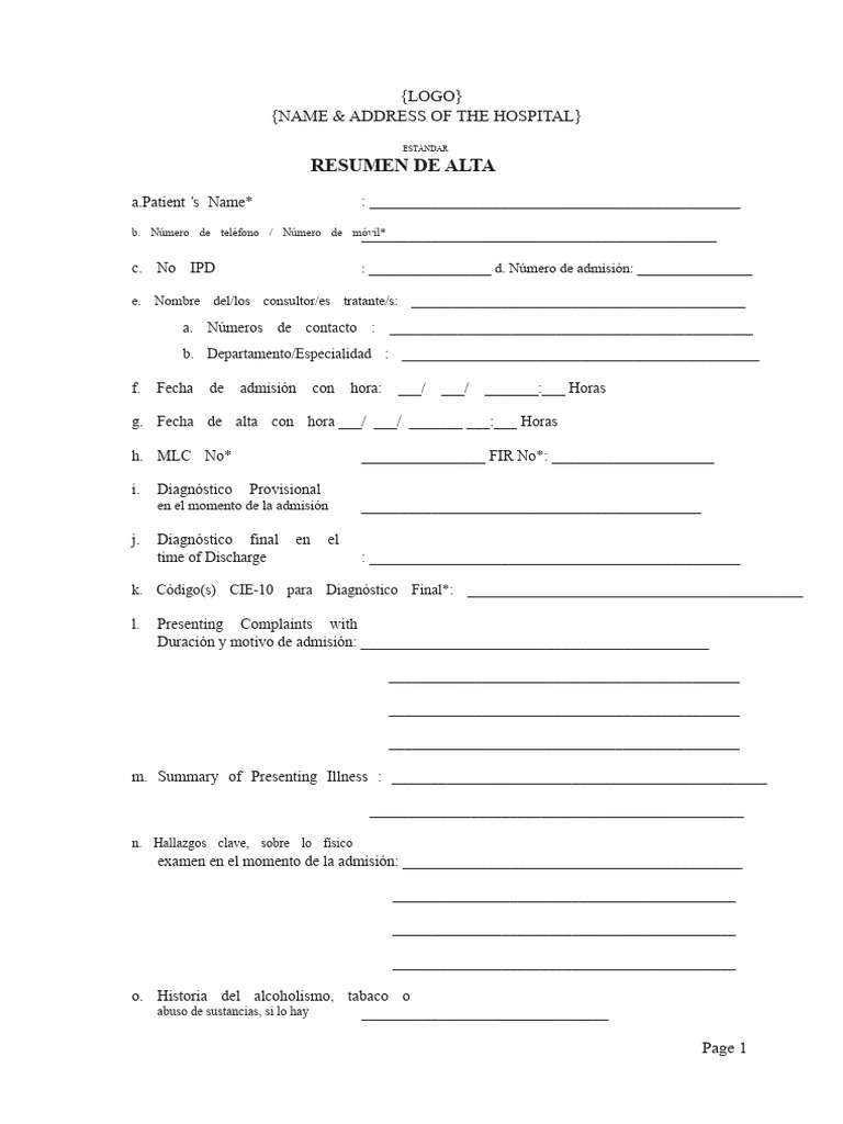 Resumen de Alta Hospitalaria Estándar | PDF | Hospital | Medicina CLINICA
