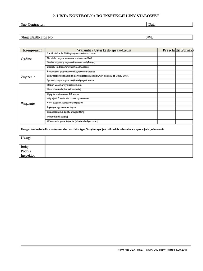 Lista Kontrolna Bezpieczeństwa Dla Lin Stalowych | PDF