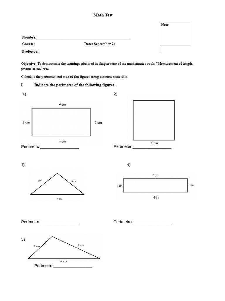 Math Test: Perimeter and Area Calculations | PDF
