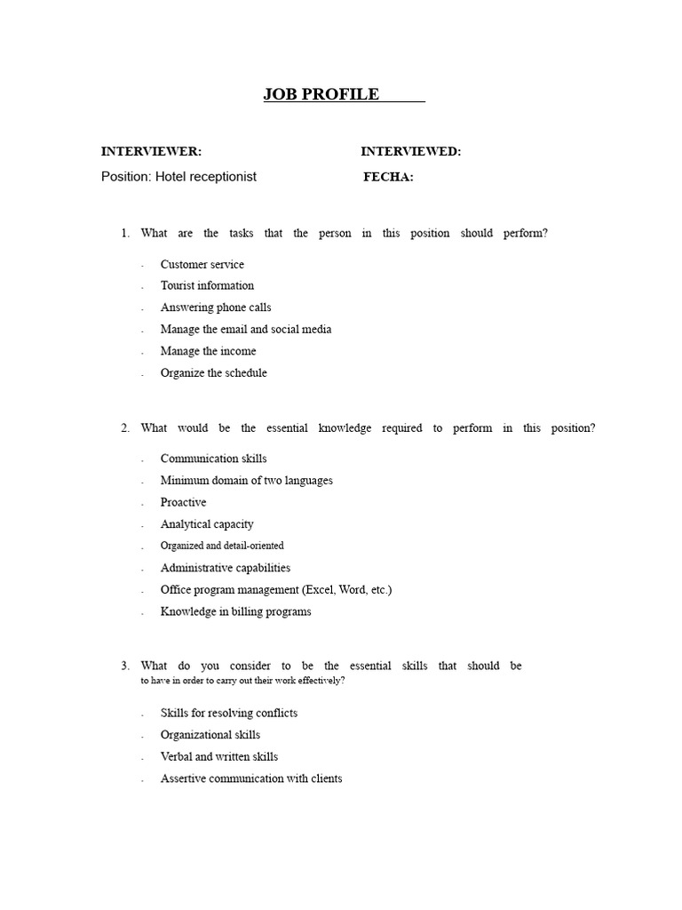 Format of The Questionnaire Hotel Receptionist | PDF