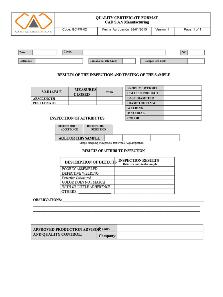 Quality Certificate Inspection Report | PDF