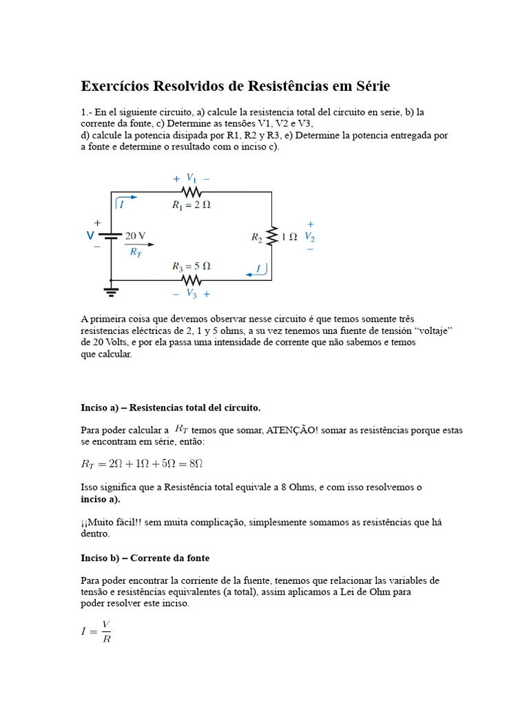 Exercícios Resolvidos de Resistências em Série | PDF | Resistência elétrica e condutividade ...
