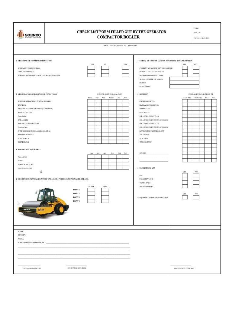 Checklist Roller Compactor 2016 | PDF | Motor Vehicle | Vehicles