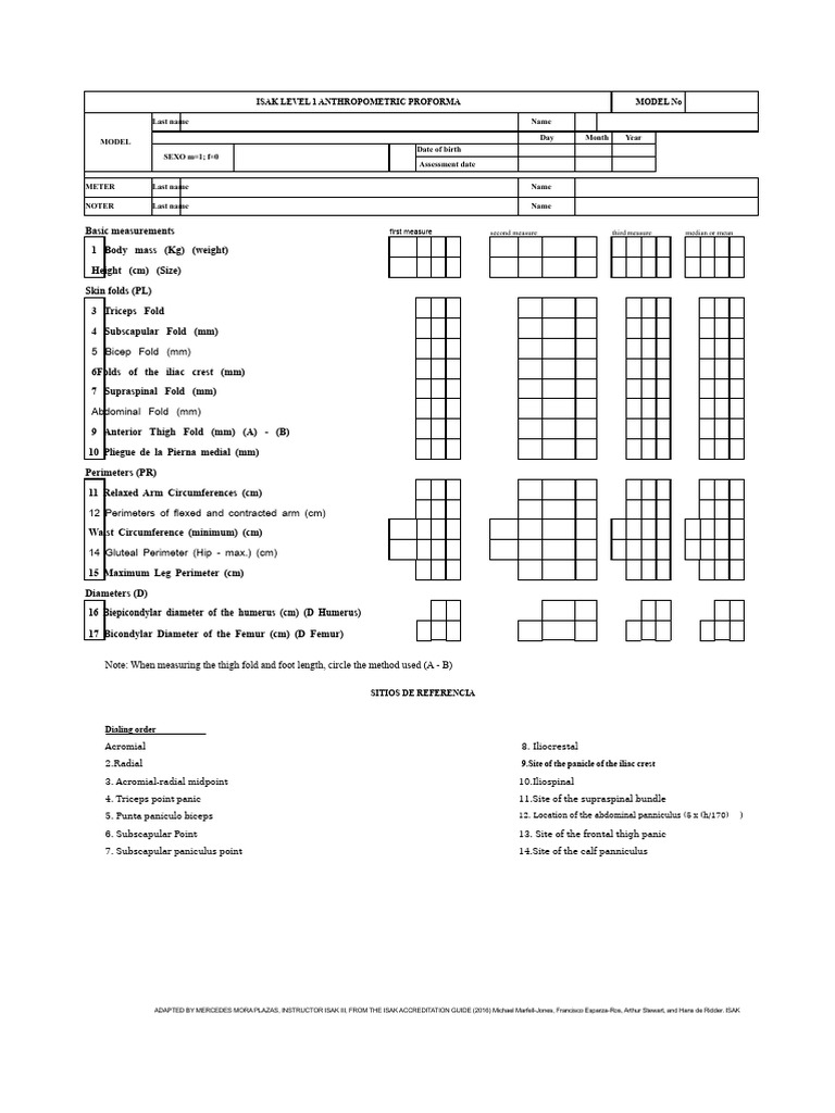 ISAK Level 1 Anthropometric Proforma | PDF | Arm | Hip