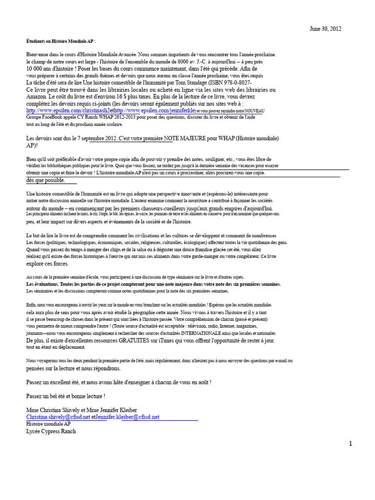 Projet de lecture Histoire Mondiale AP | PDF | Nourritures | Famine
