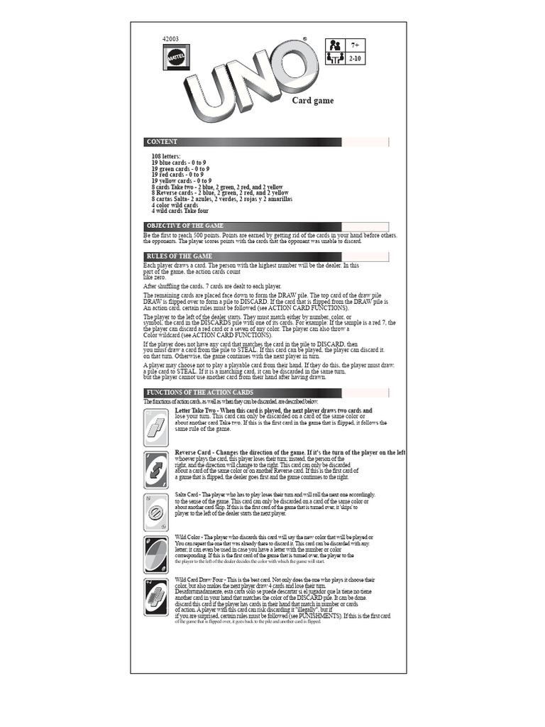 UNO Card Game Rules and Scoring Guide | PDF | Playing Cards | Gaming ...