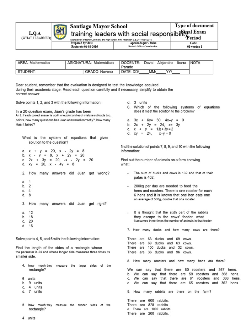 Midterm Exam 9th Grade Mathematics | PDF