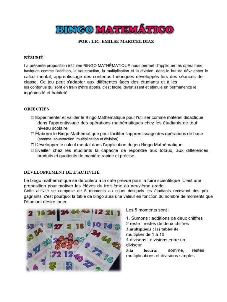 Bingo Mathématique : Apprentissage Ludique | PDF | Multiplication ...