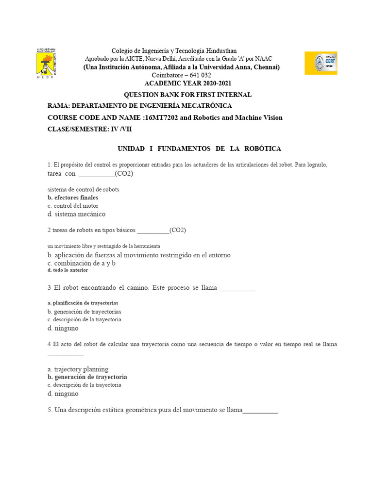 RMV MCQ | PDF | Robot | Robótica