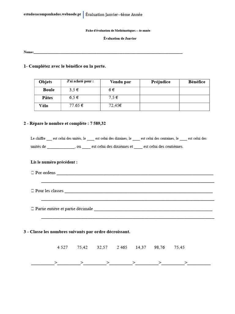 Évaluation de Mathématiques 4e Année | PDF | Mathématiques | Arithmétique