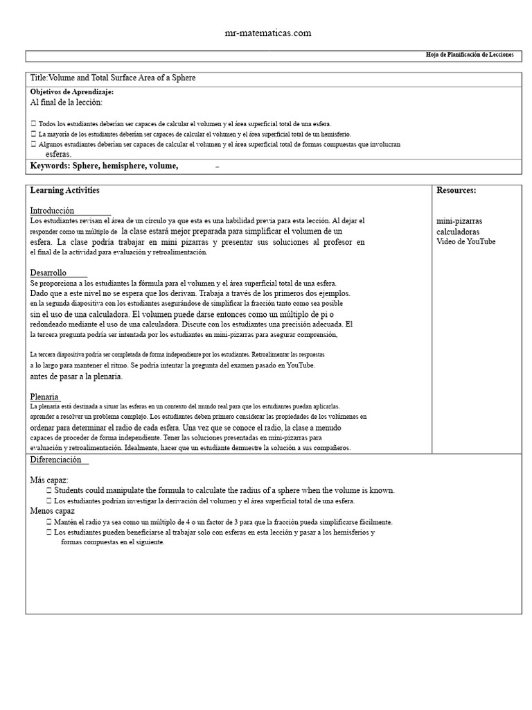 Plan de Lección Sobre Volumen y Área Superficial de Esferas | PDF ...